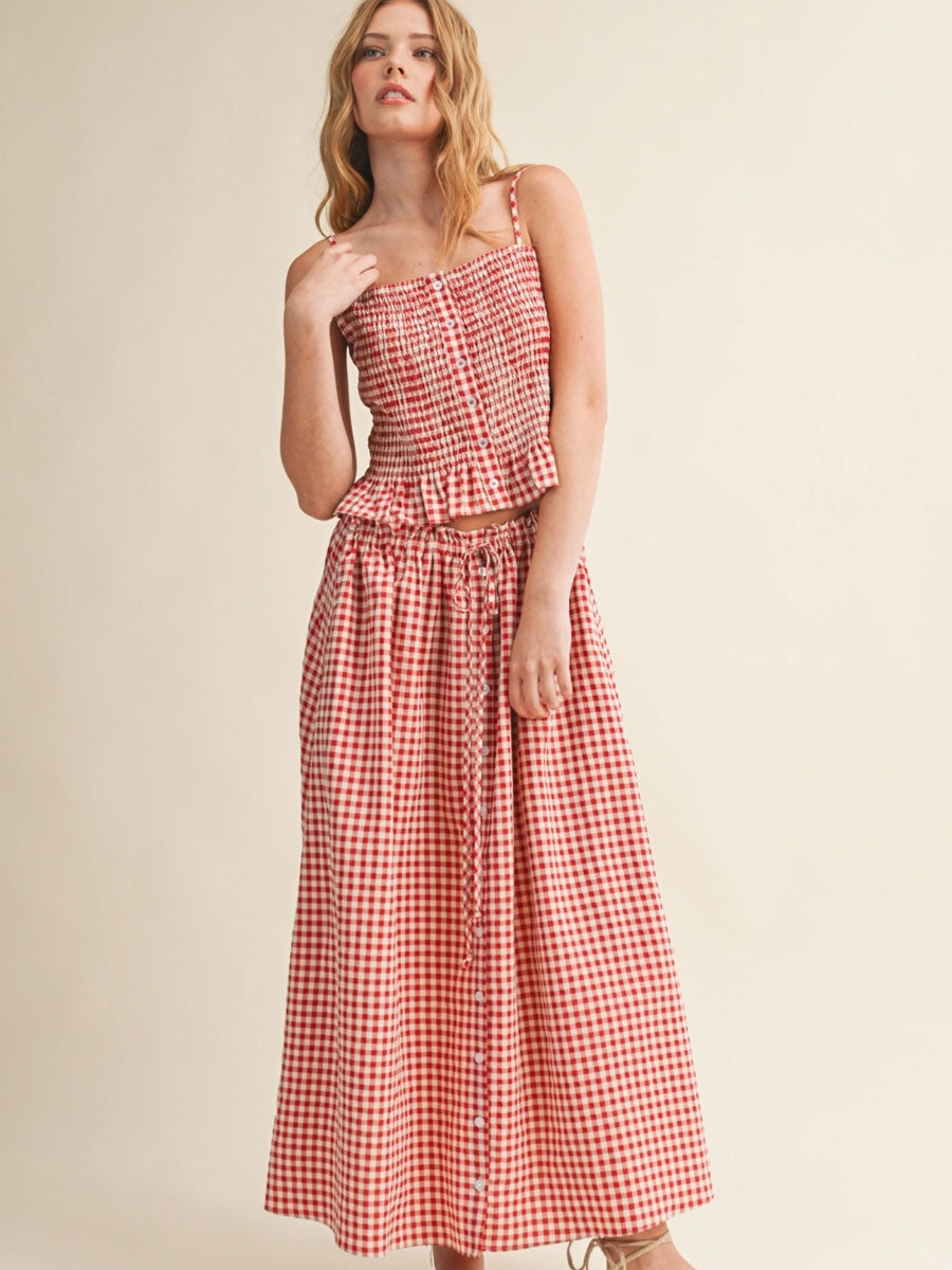 GINGHAM PATTERN BUTTON FRONT SMOCKING TOP | RED | OAK CLOTHING CO ...