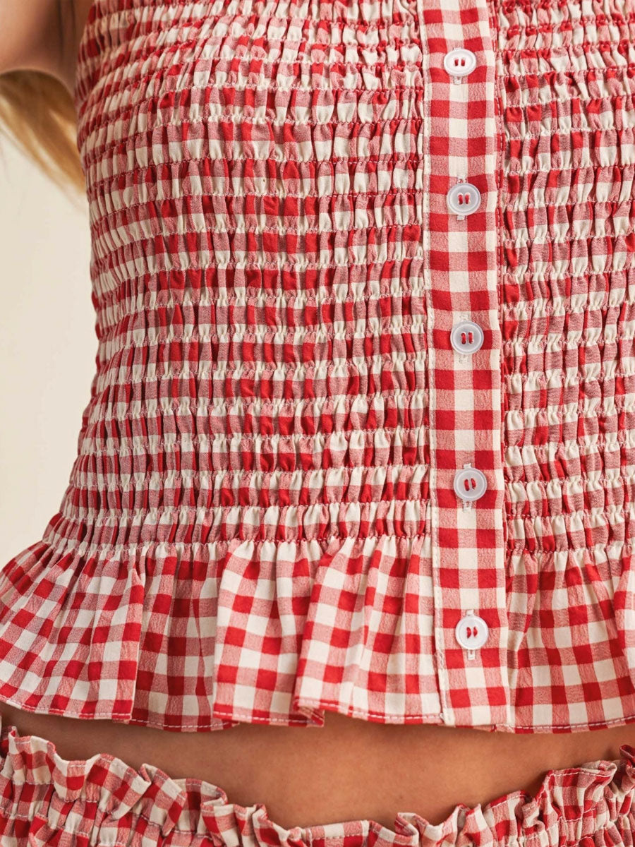 GINGHAM PATTERN BUTTON FRONT SMOCKING TOP | RED | OAK CLOTHING CO ...